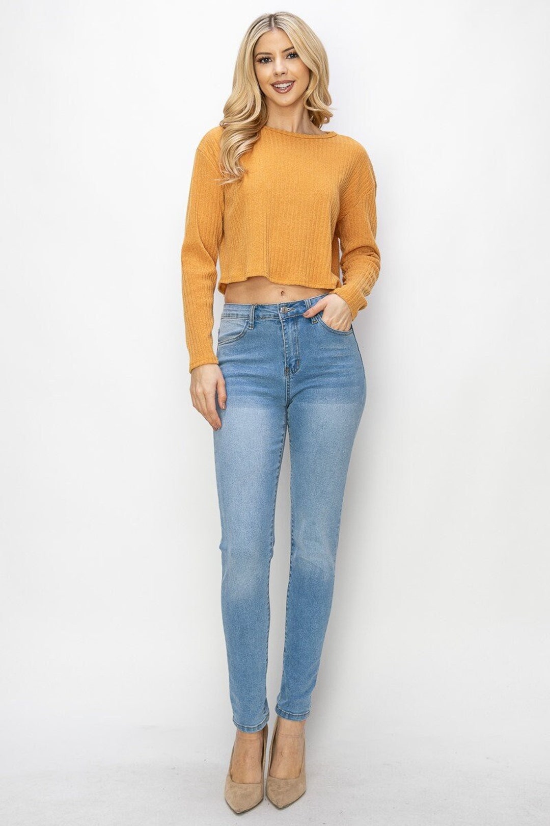 Drop Shoulder Crew Neck Cropped Sweater Rib-knit - Etsy