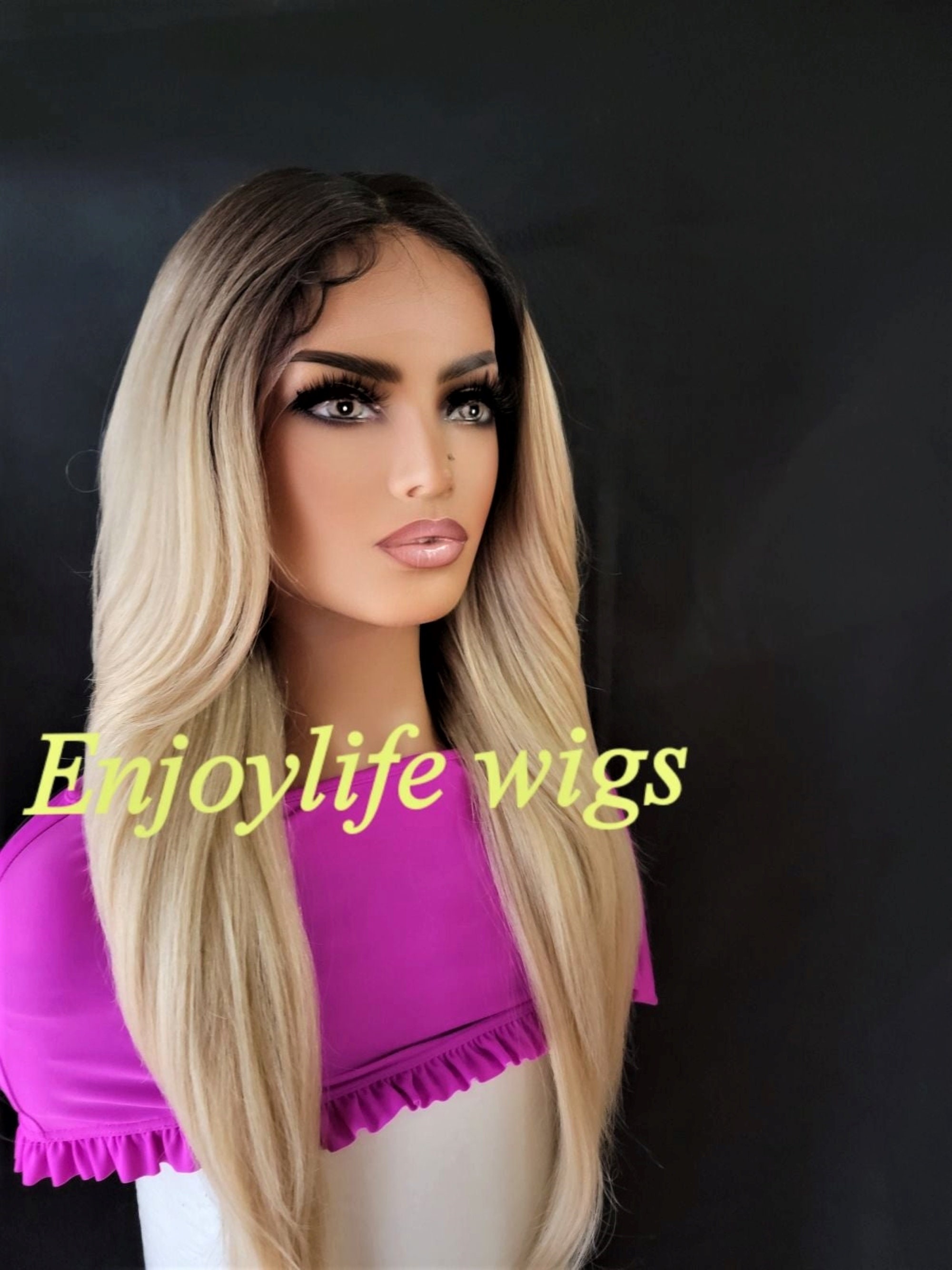 Loose Wave Balayage Ombre Blonde Dark Root Lace Front H.d Wig - Etsy