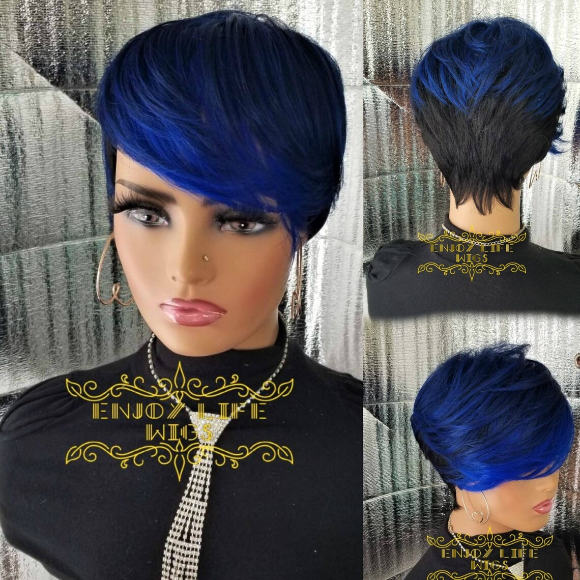 Blue Black Short Cut Ombre Pixie Wig Etsy