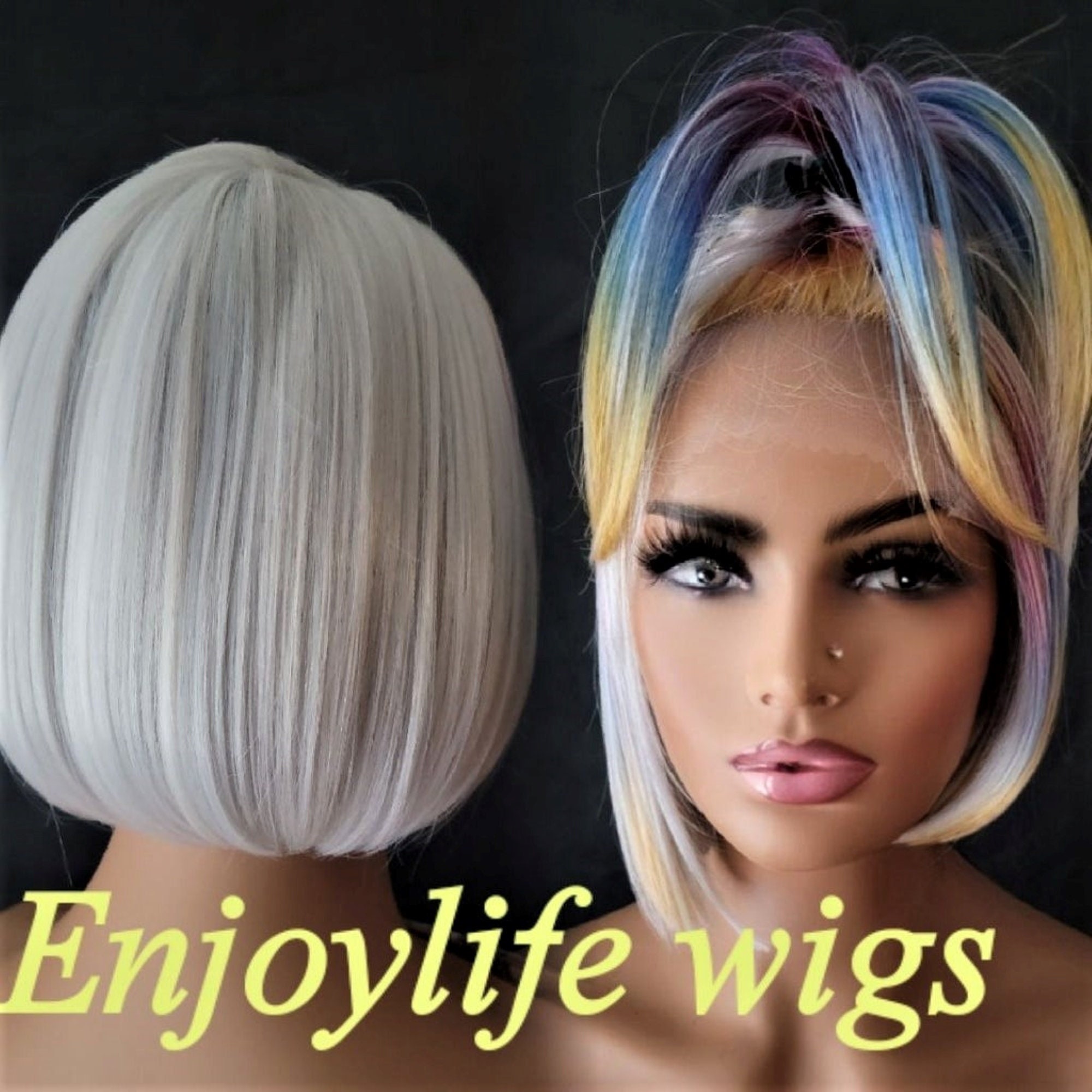 H.d Lace Front White Blonde Rainbow Highlighted Dream Bob - Etsy