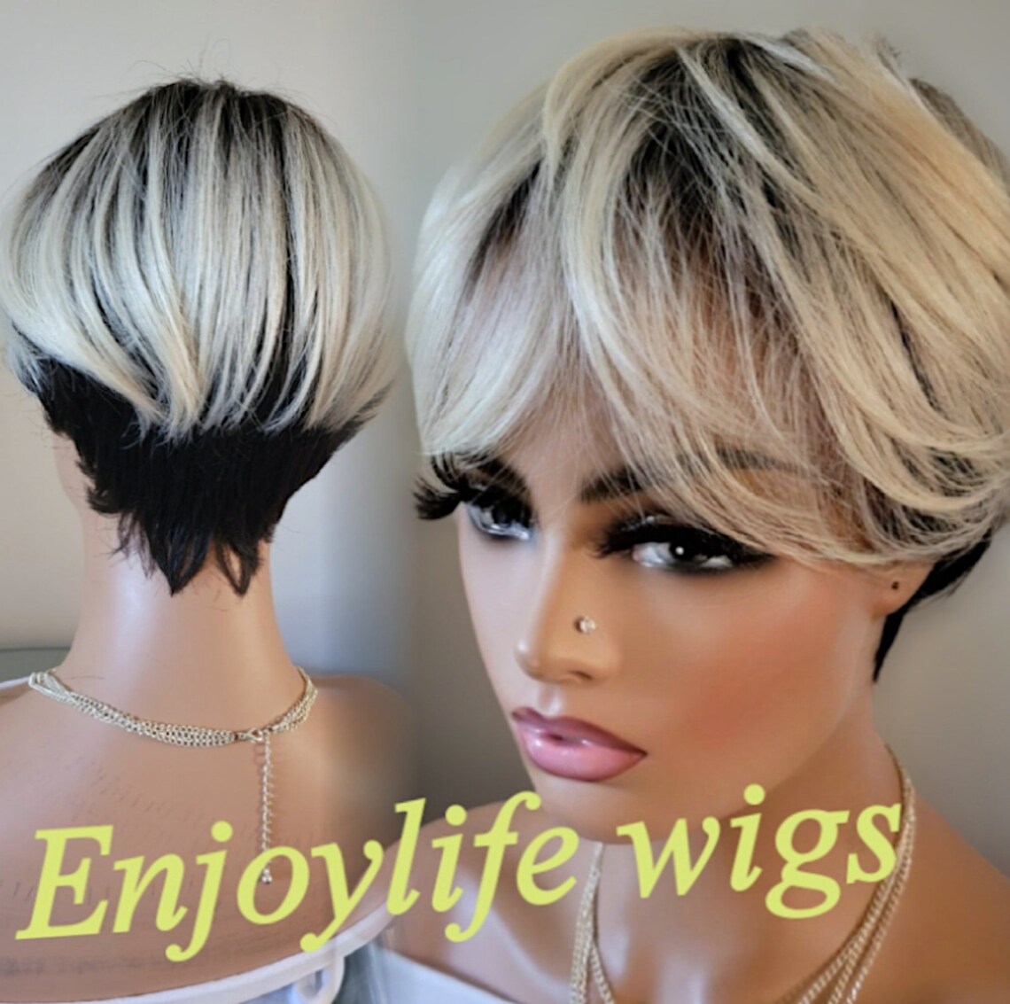 Sexy Swoop Bang Blonde Dream Black Root Layered Cut Short - Etsy