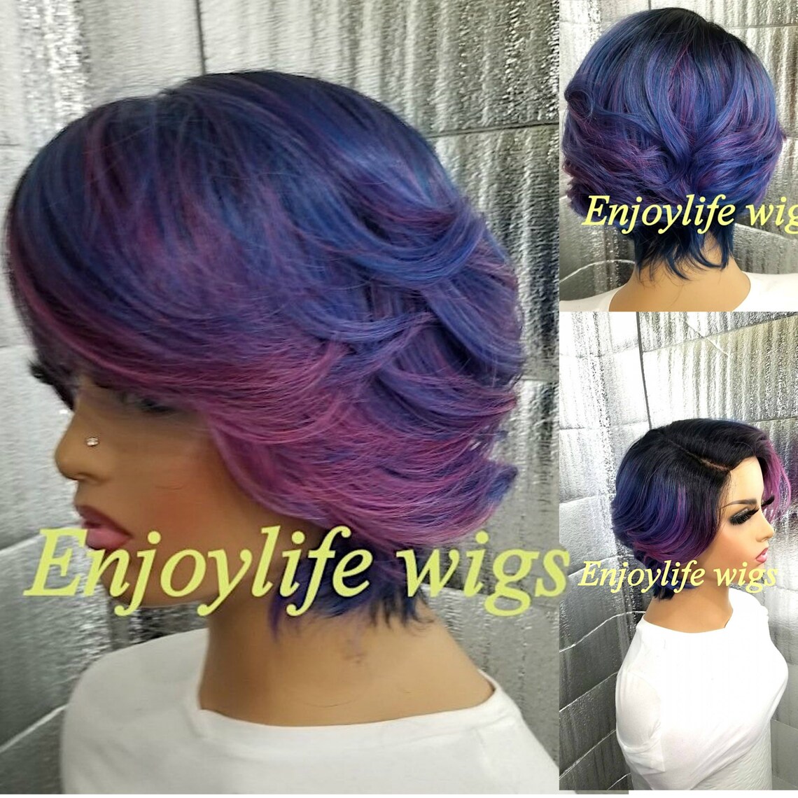 Purple Pink Splash Dark Root Ombre Side Part Wavy Bob Wig - Etsy