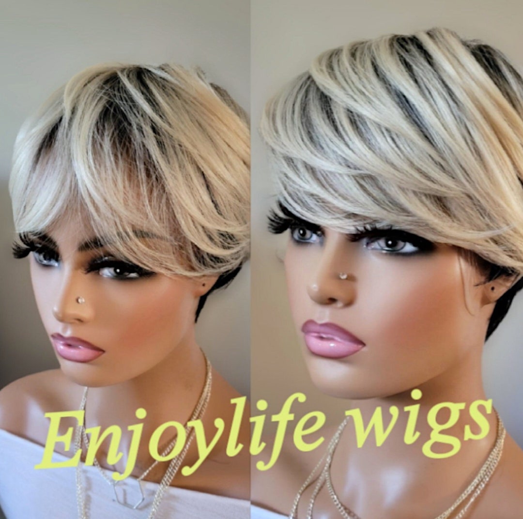 Sexy Swoop Bang Blonde Dream Black Root Layered Cut Short Pixie Wig - Etsy