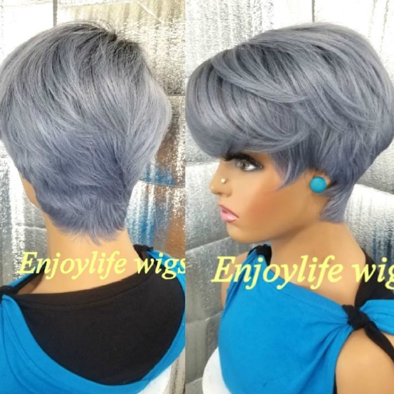 Steel Grey Blue Black Root Pixie Short Cut Wig With Swing Bang - Etsy