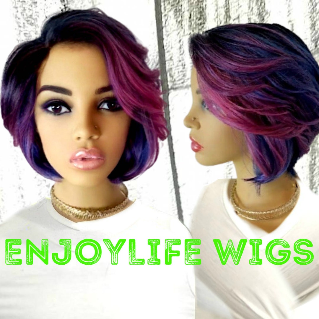 Purple Pink Splash Dark Root Ombre Side Part Wavy Bob Wig - Etsy