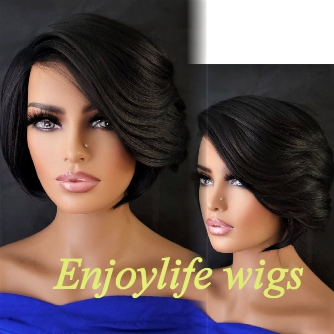 Black Natural Looking Side Part Wavy Bob Wig - Etsy
