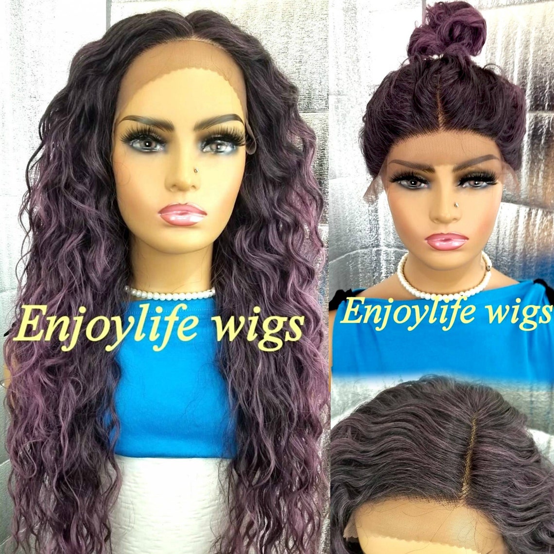 Lavender Purple Splash Curly Hawaiian Wave Lace Front Wig | Etsy