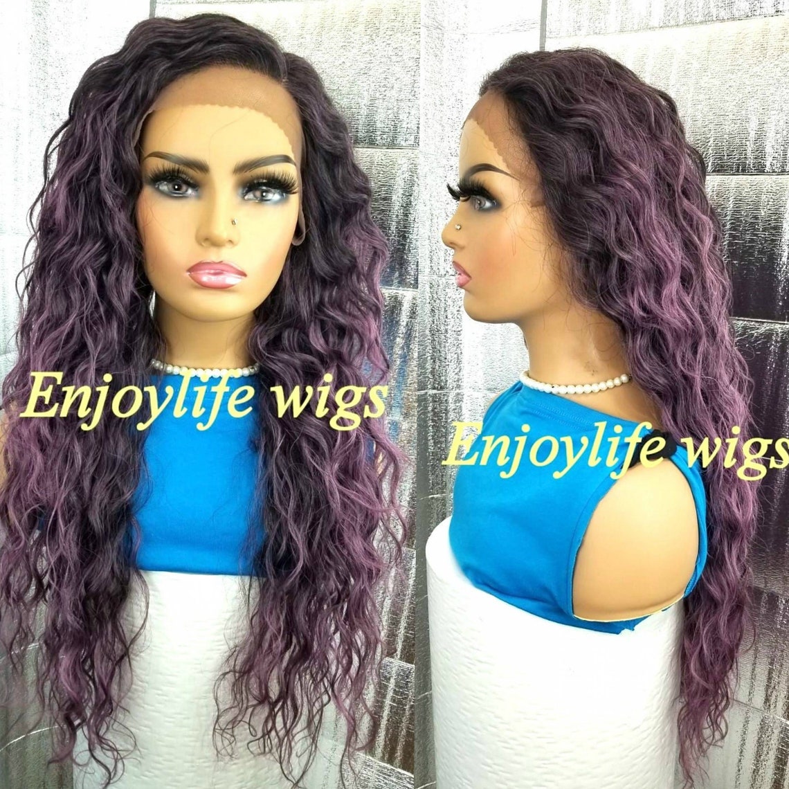 Lavender Purple Splash Curly Hawaiian Wave Lace Front Wig | Etsy