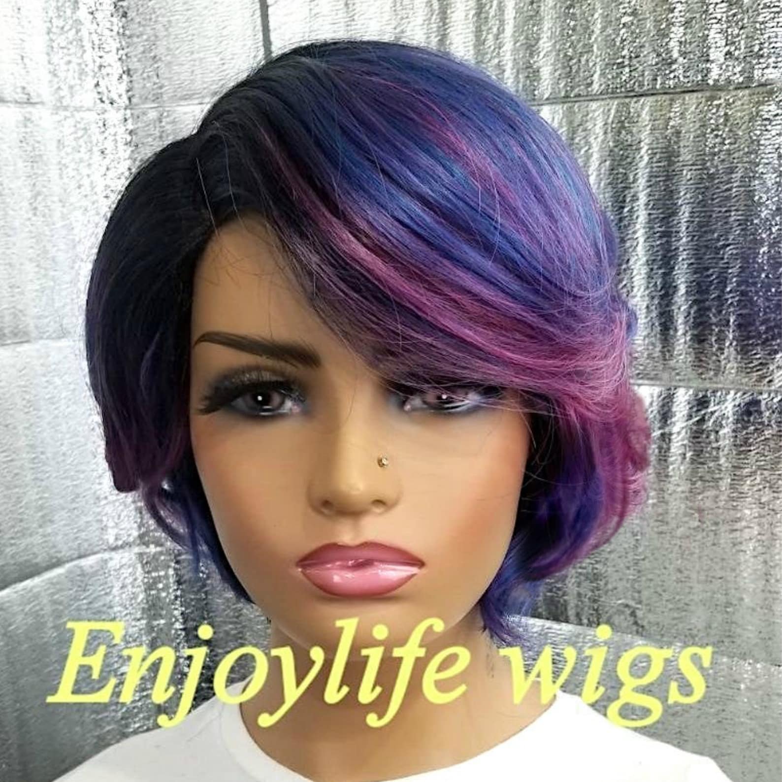 Purple Pink Splash Dark Root Ombre Side Part Wavy Bob Wig - Etsy