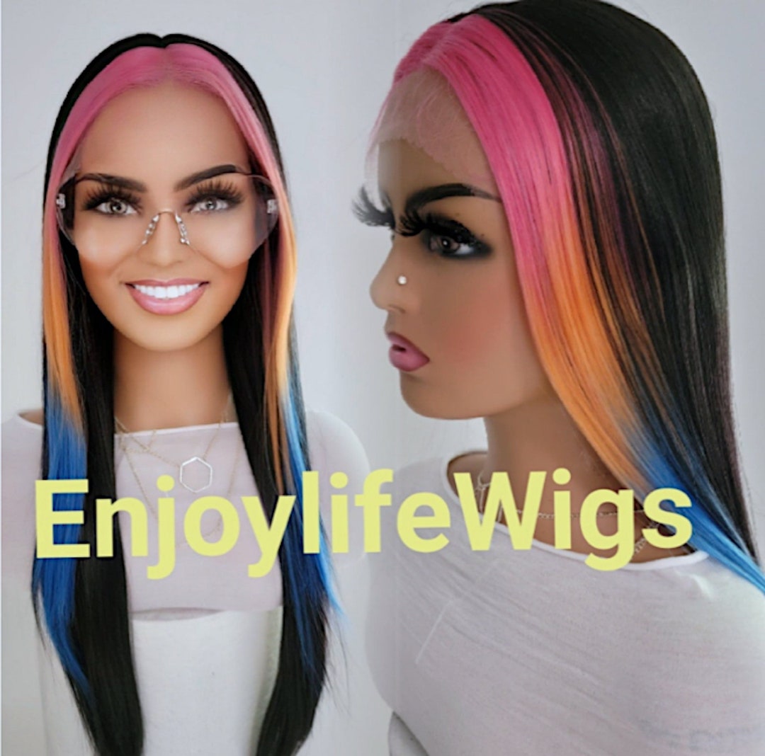 Black 3D Multi-color Front Rainbow Streak Highlighted Custom Dyed ...