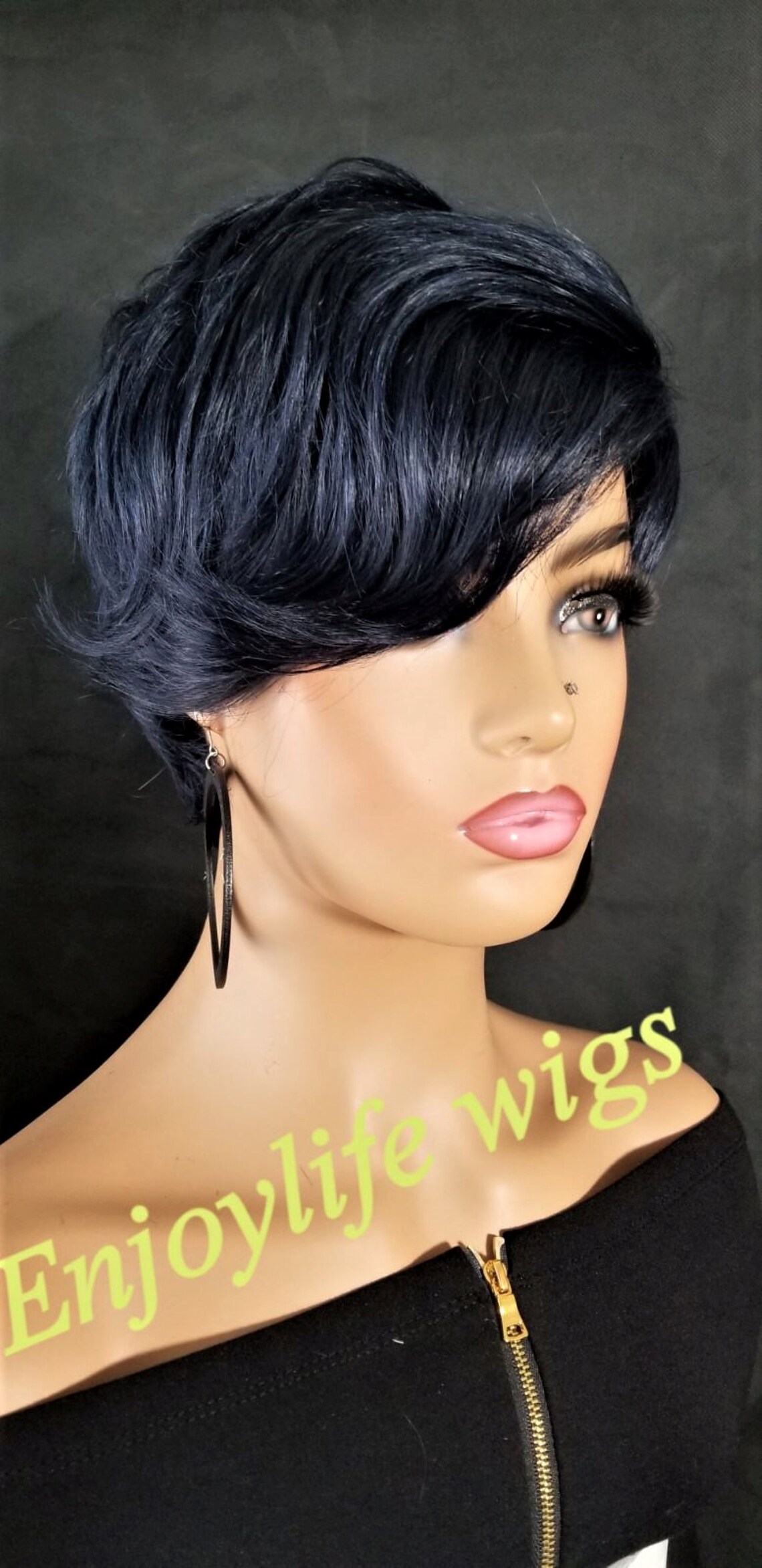 Short Sexy 100 Percent Human Hair Blue Black Pixie Wig With - Etsy