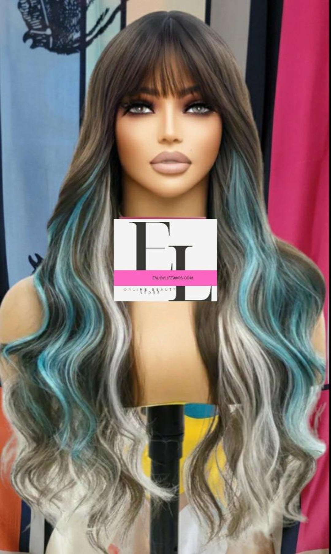 Mint Emerald Wavy Green Bang Wig With Silver Plantnuim Brown Baylayage ...