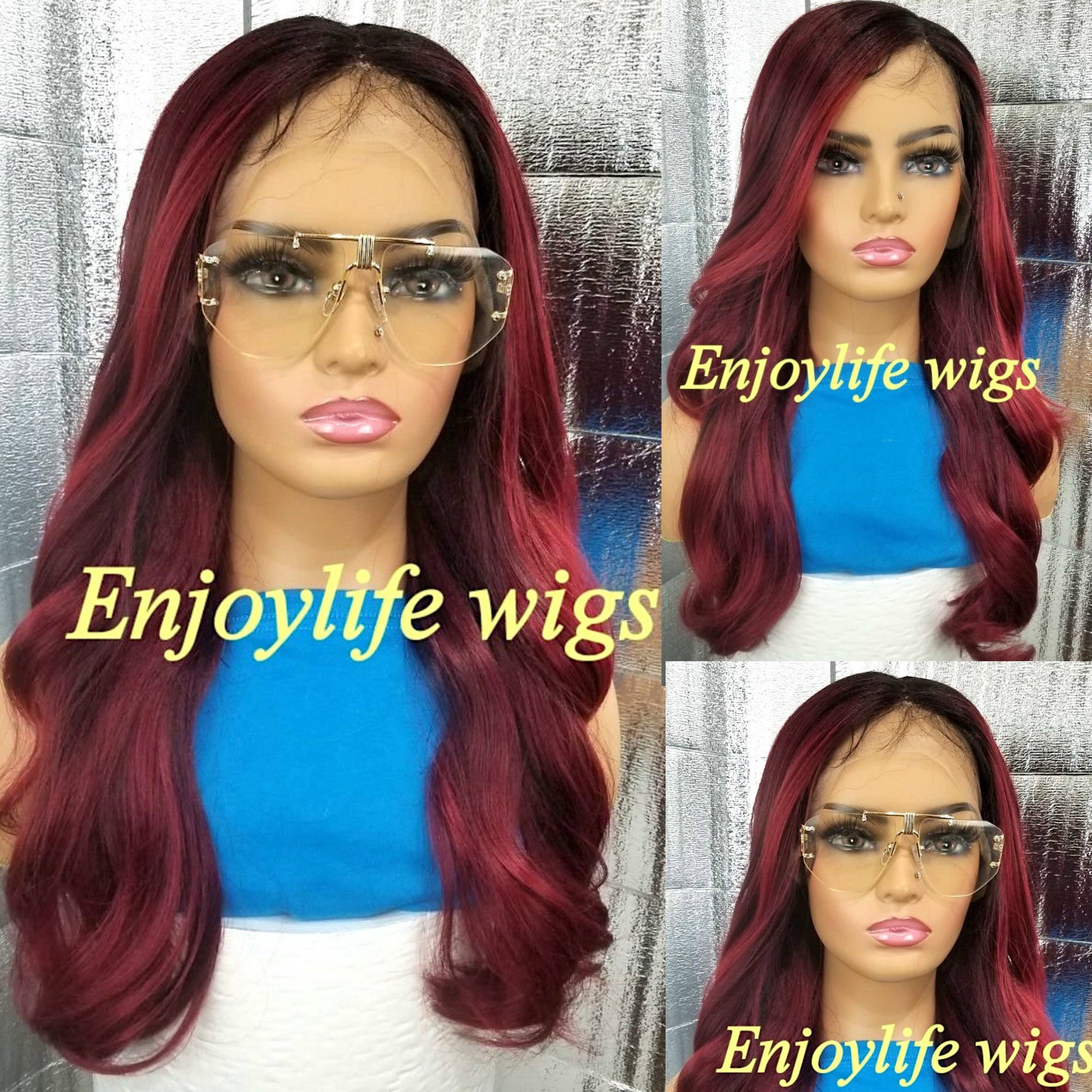 Red Splash Burgundy Fusion Black Root Lace Front Wavy Wig - Etsy