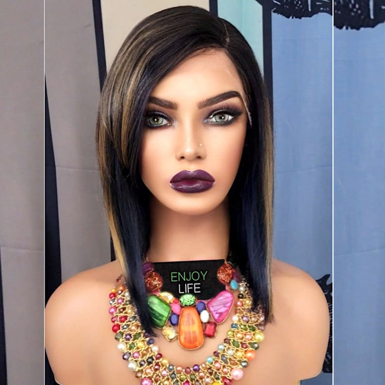 Royal Blue Sexy Side Part Swoop Bang H.d Bob Lace Frontal Wig - Etsy