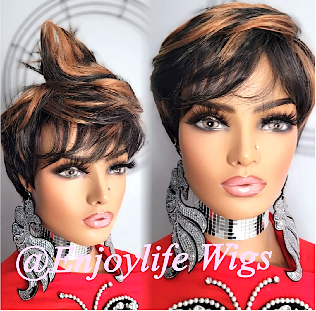 Pixie Cut Human Dark Brown Cooper Highlighted Layered Cut Wig - Etsy