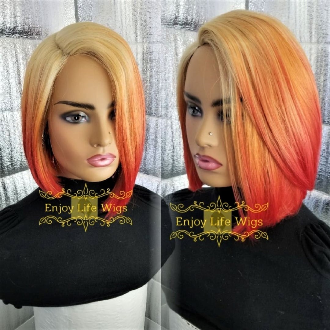 Orange Blonde Splash Bob Wig With Non Lace Natural Looking Deep Side ...