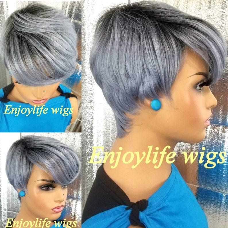 Steel Grey Blue Black Root Pixie Short Cut Wig With Swing Bang - Etsy
