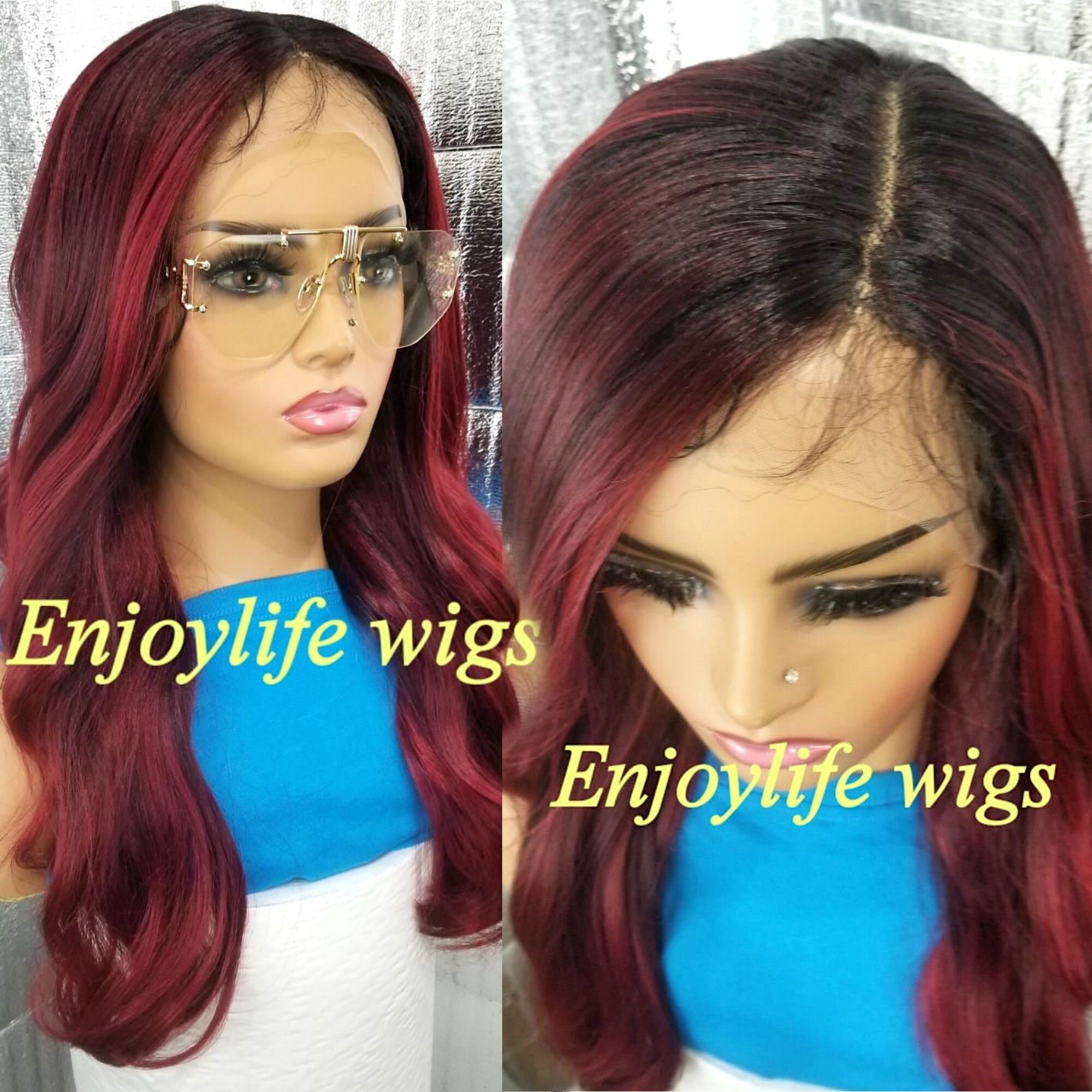 Red Splash Burgundy Fusion Black Root Lace Front Wavy Wig - Etsy