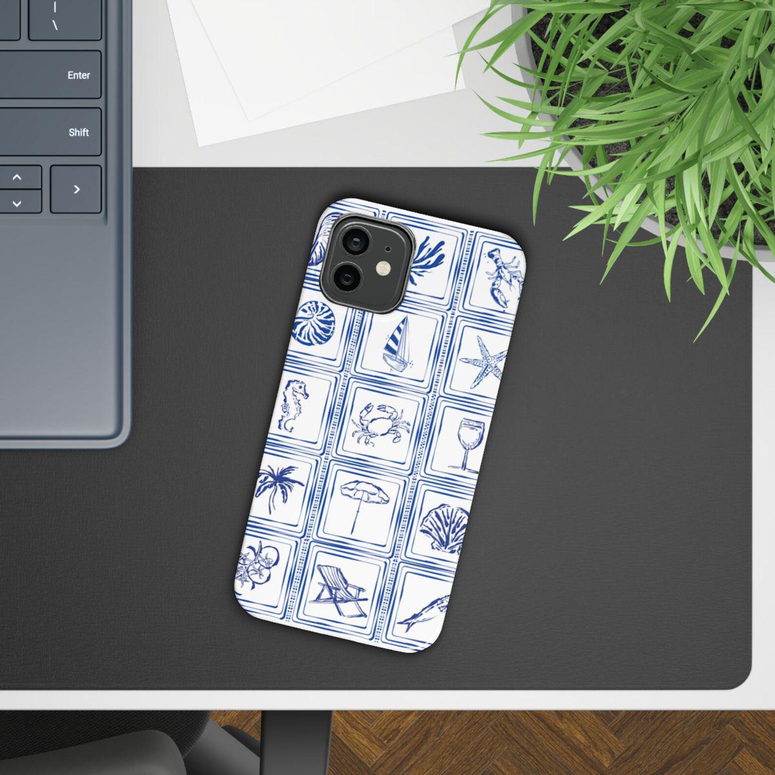 Phone Case, Blue Hand Drawn Squares Beachy Elements, Summer Cover ...