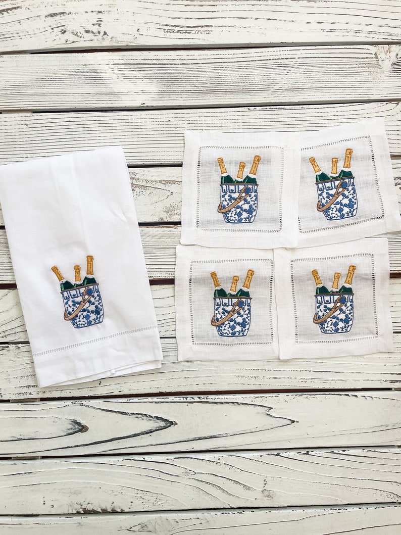 Chinoserie Champagne Bucket Hemstitch Cocktail Napkins (set of 4) - Etsy