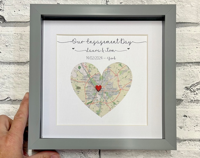 Framed Engagement Map Gift, Personalised Engagement Frame, Wedding Date ...