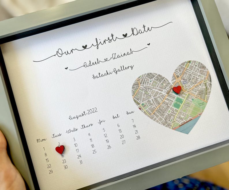 Framed First Date Map Gift, Personalised First Date Frame, First Date ...