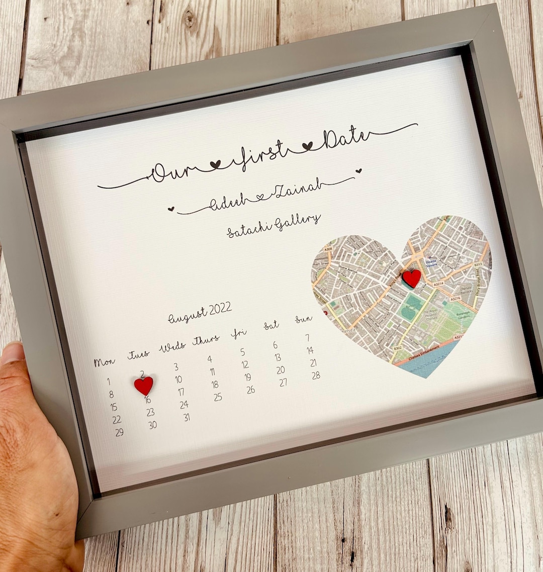Framed First Date Map Gift, Personalised First Date Frame, First Date ...