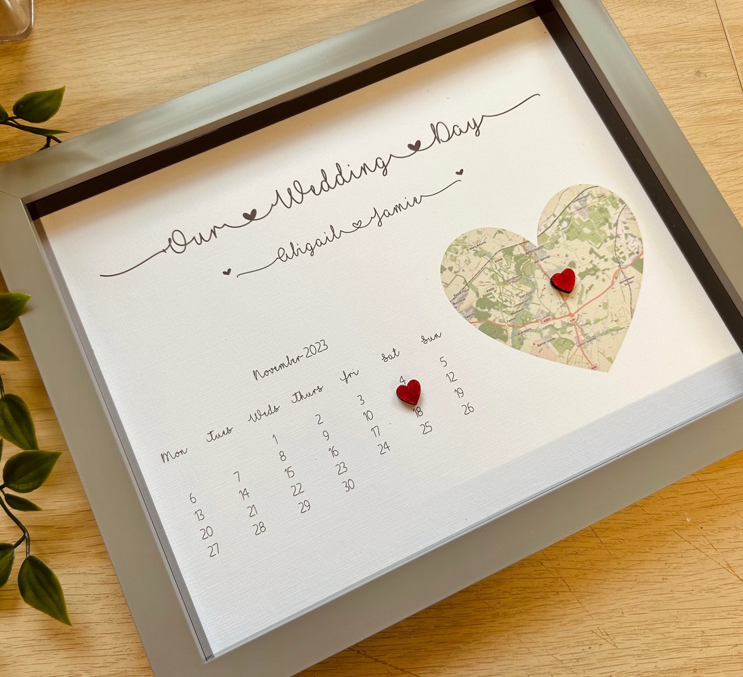 Framed Wedding Map Gift, Personalised Wedding Frame, Wedding Date Gift ...