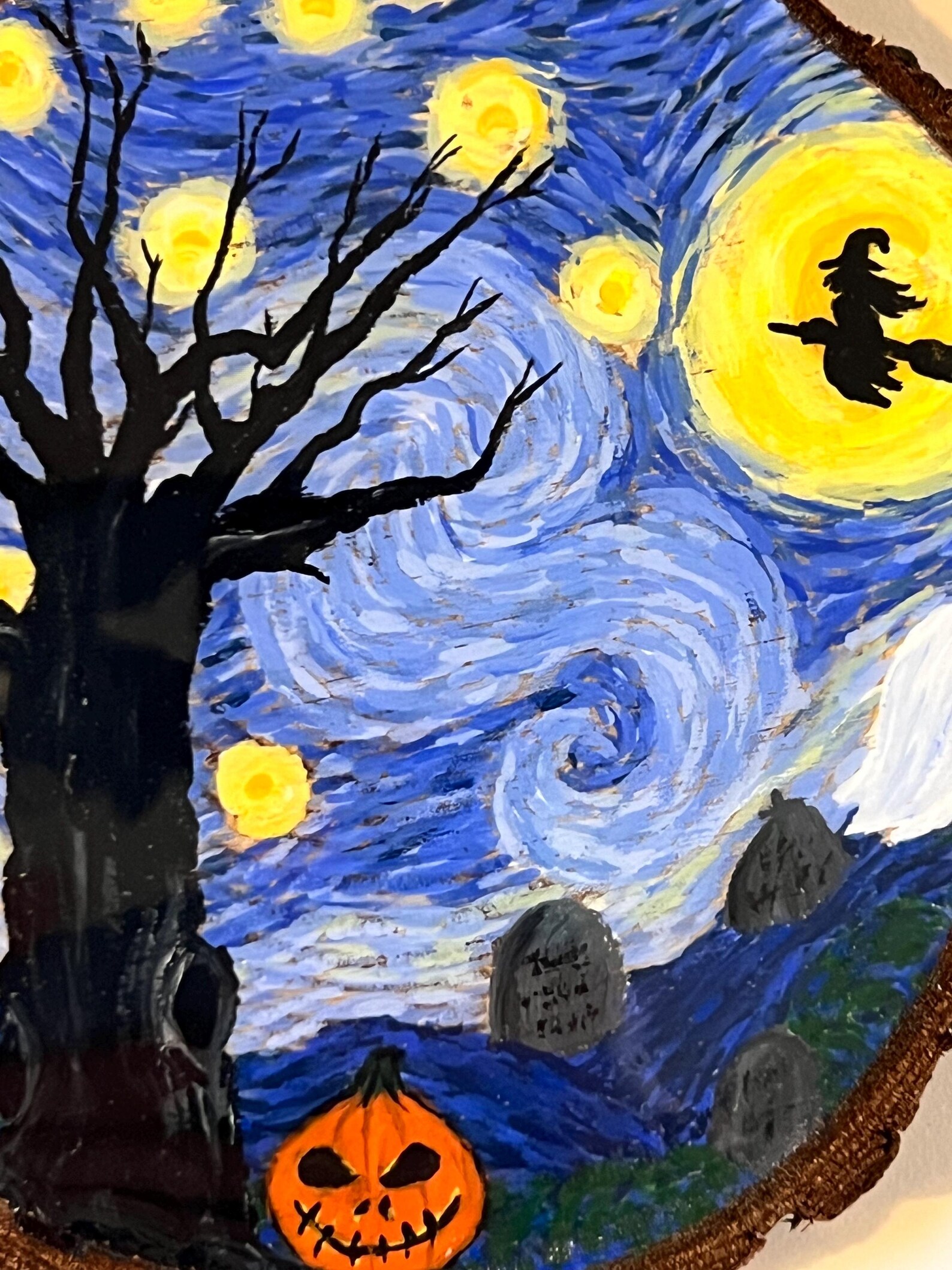 Halloween Starry Night, Spooky Art, Van Gogh Inspired Painted Wood ...