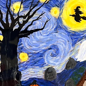 Halloween Starry Night, Spooky Art, Van Gogh Inspired Painted Wood ...