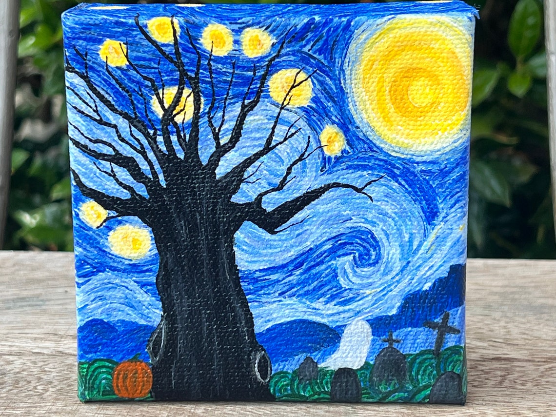 Halloween Starry Night, Van Gogh Inspired Spooky Night Painting - Etsy