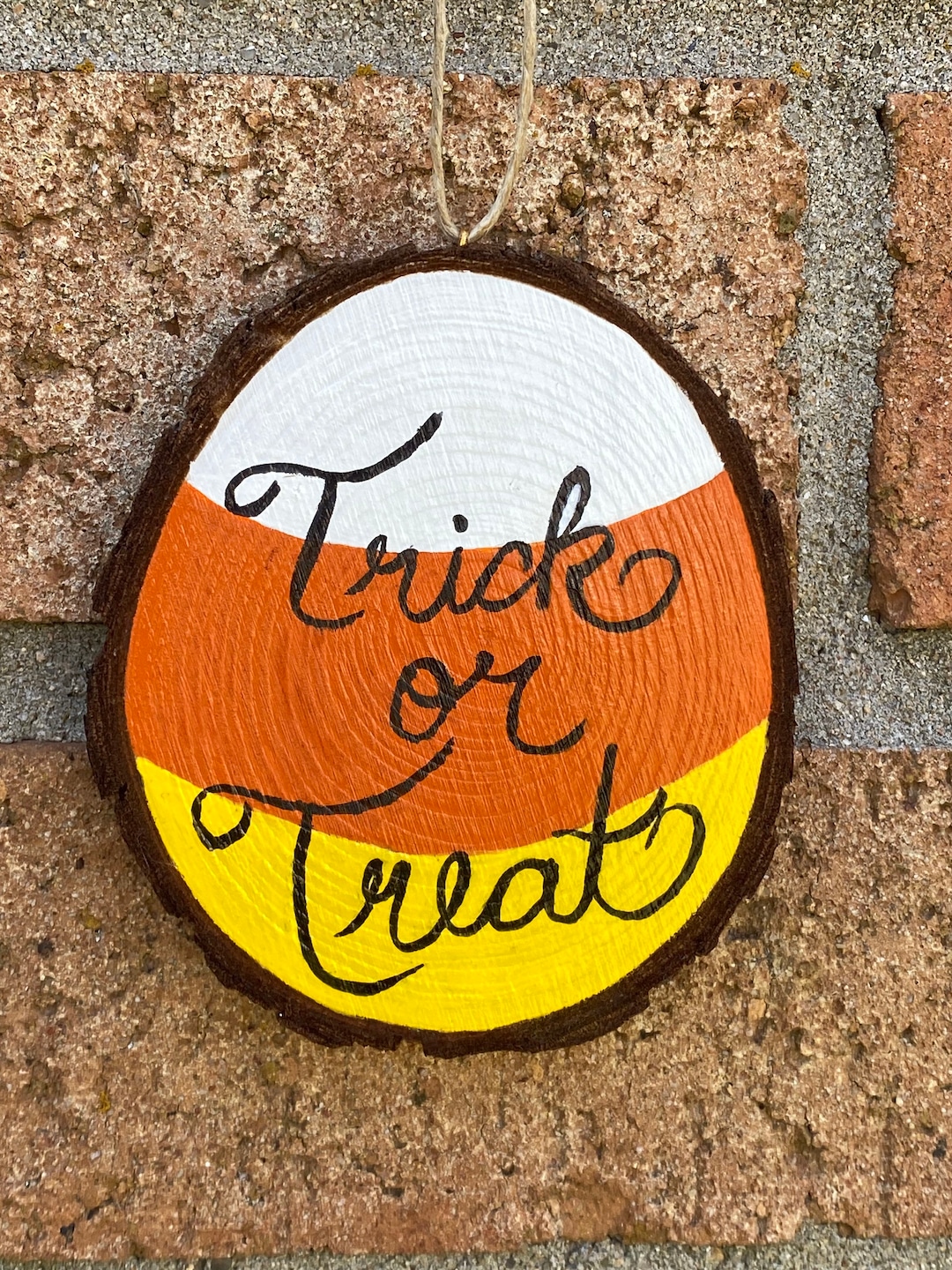 Halloween Welcome Sign, Trick or Treat Candy Corn Wood Slice Ornament ...