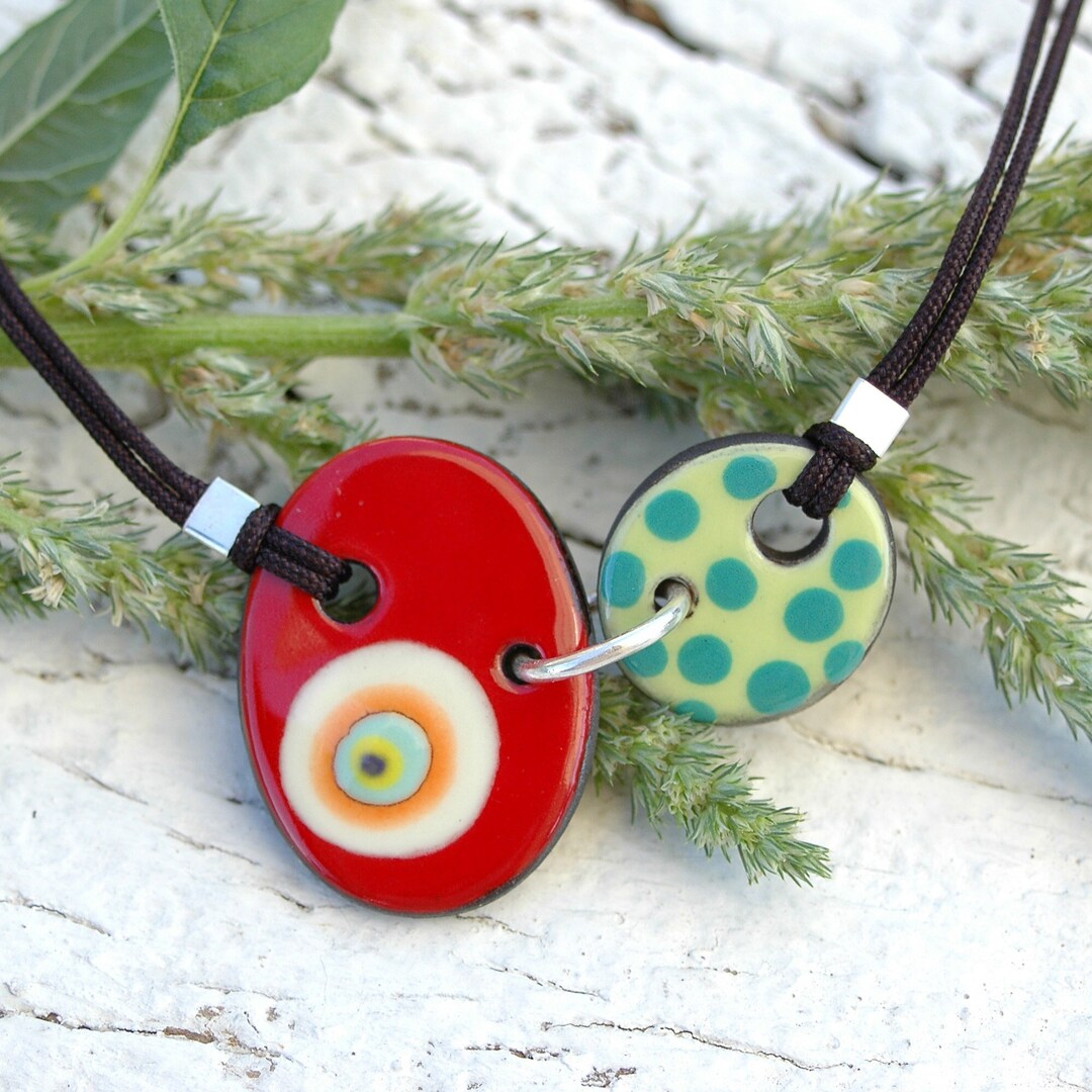 Handmade Ceramic Choker Necklace, Red Psychedelic Pendant, Silver ...