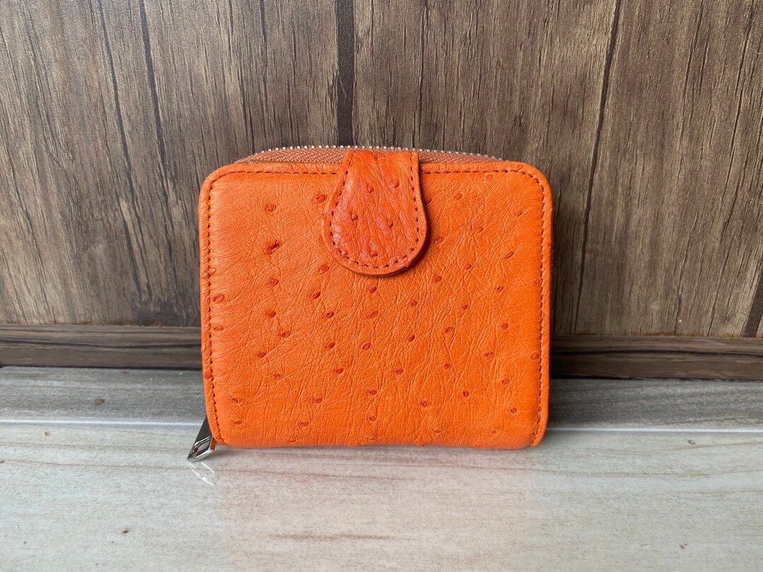Orange Genuine Ostrich Leather Bi-fold Wallet for Women (one Zipper ...