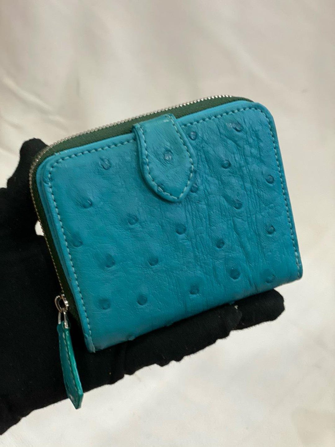 Blue Genuine Ostrich Leather Bi-fold Wallet for Women (one Zipper ...