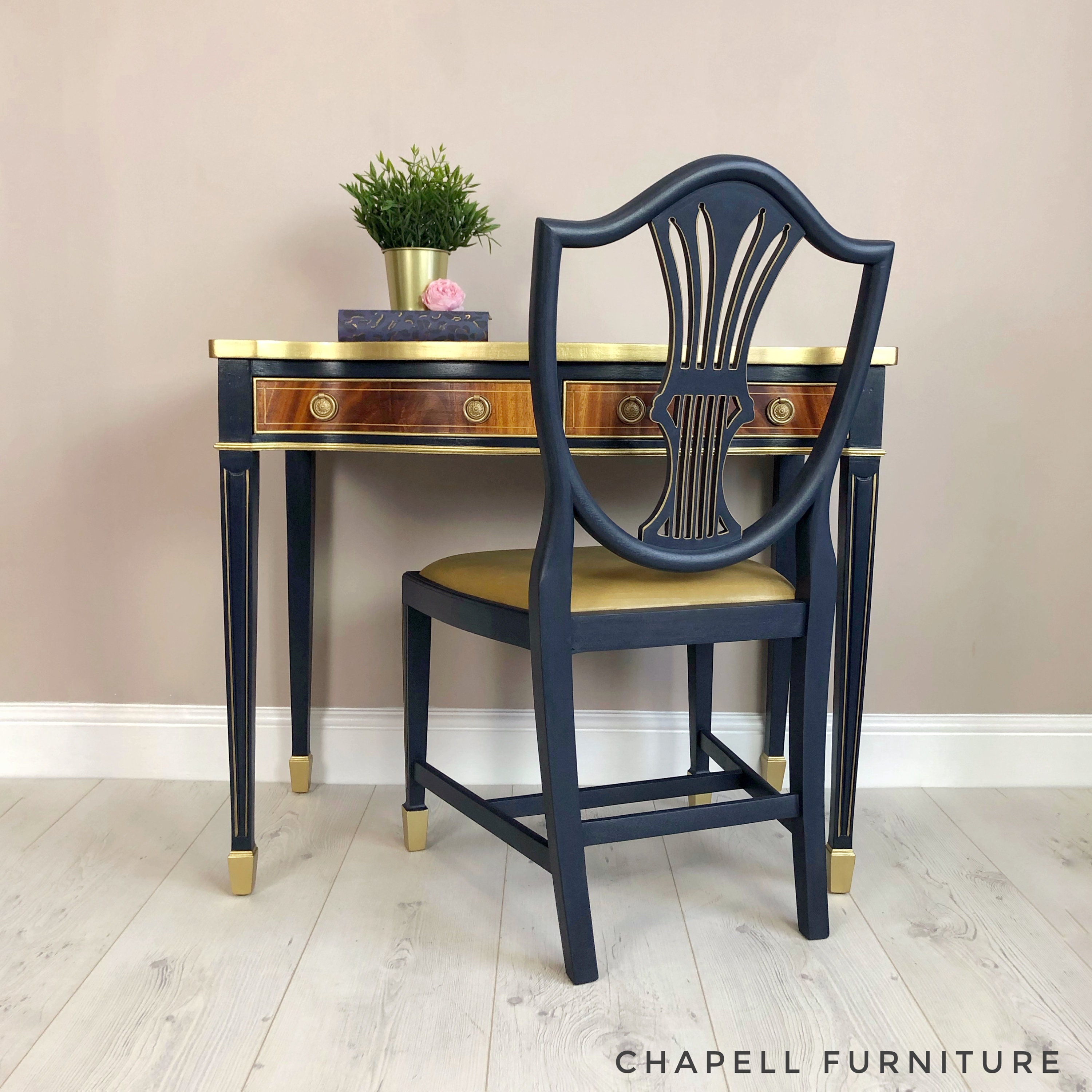 Regency Writing Desk Set – Navy Blue, Gold Trim, Heppelwhite Chair - Etsy