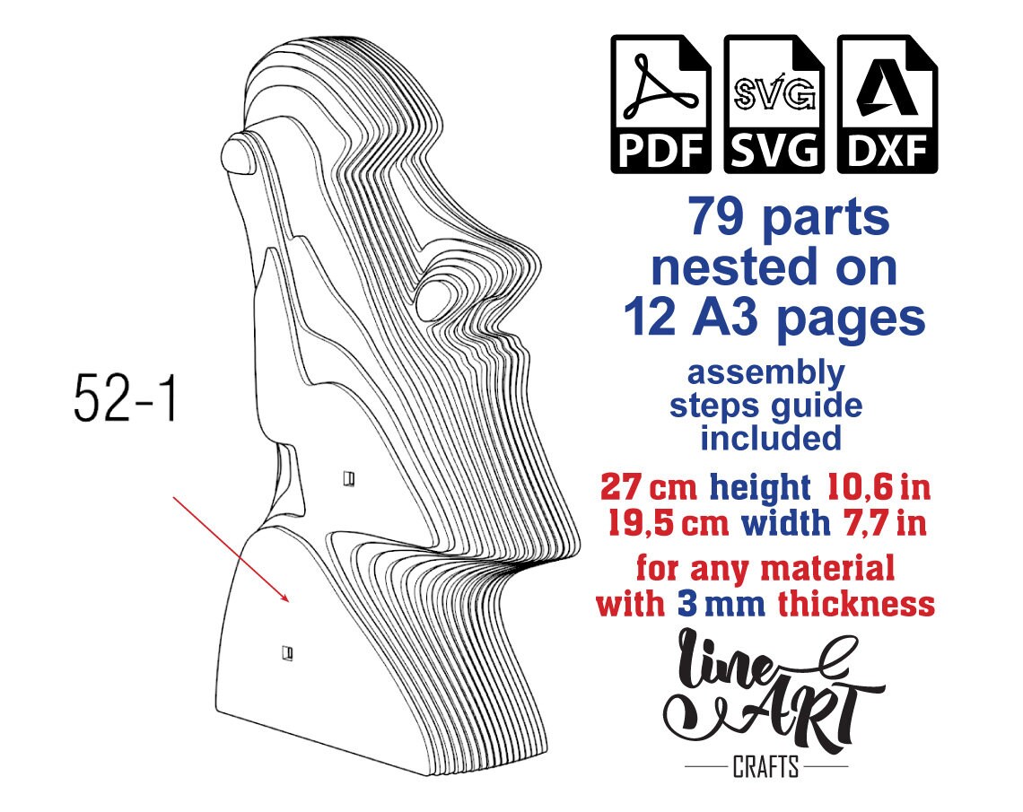 Moai Statue Sliced Sculpture 3mm Vector Template, Moai Sculpture Laser ...
