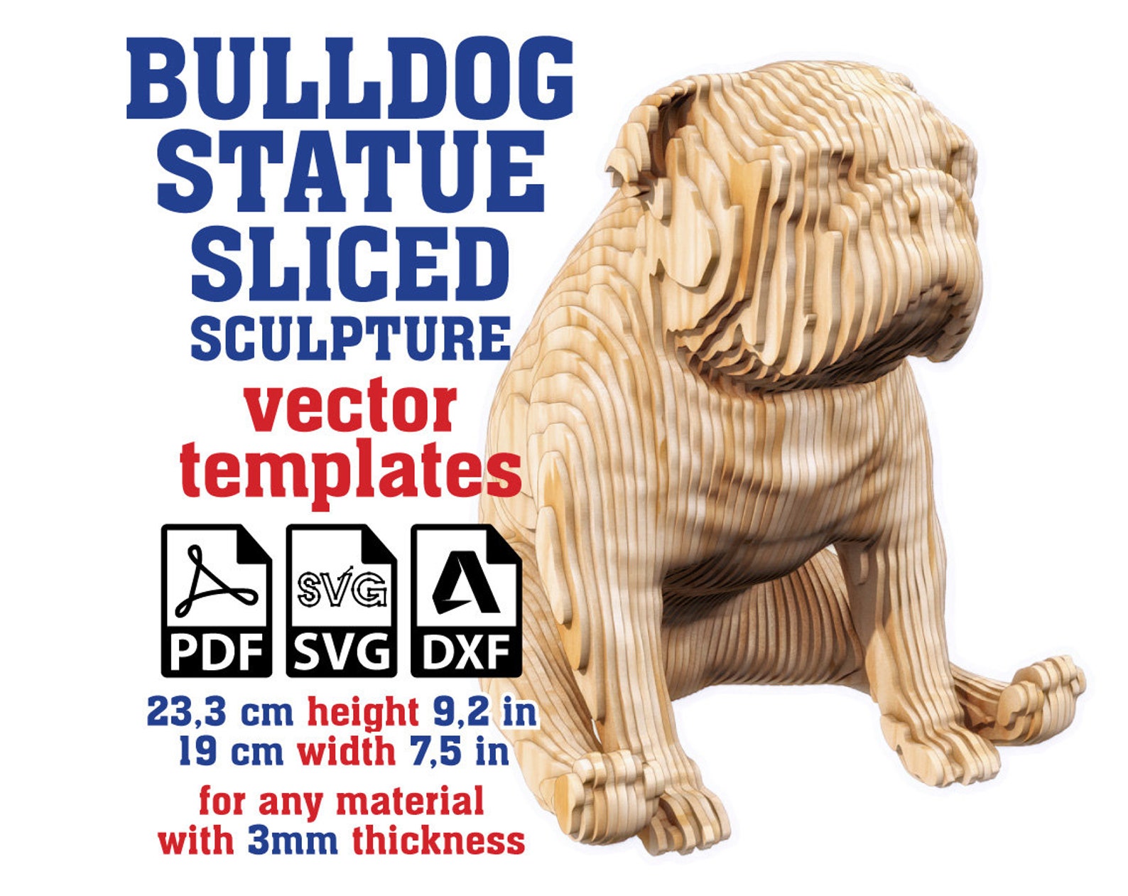 Bulldog Sculpture Sliced Vector Template 3mm, Bulldog Statue ...