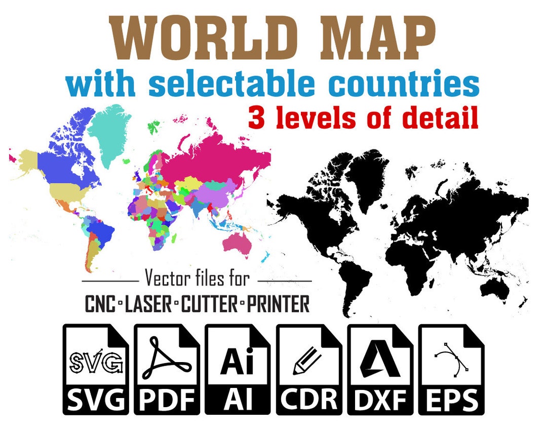 World Map Vector File, CNC Laser Cutter Printer, SVG, Ai, Pdf, Digital ...