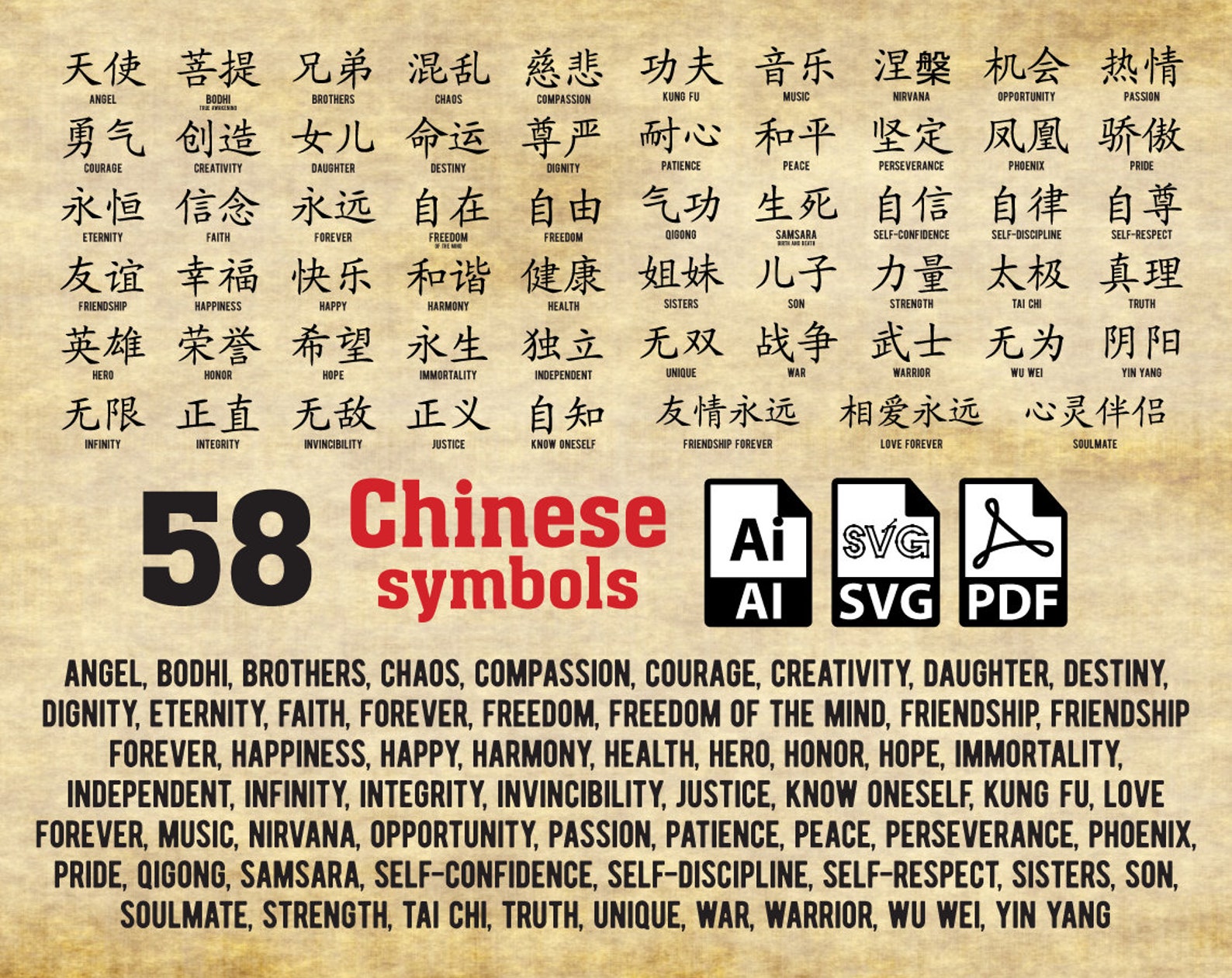 Chinese Symbol Svg Vol.2 Chinese Words and Phrases Symbol | Etsy