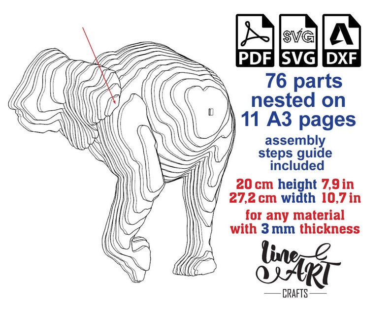 Elephant Sculpture Sliced Vector Template 3mm, Elephant Statue ...