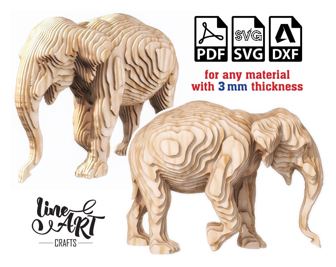 Elephant Sculpture Sliced Vector Template 3mm, Elephant Statue ...