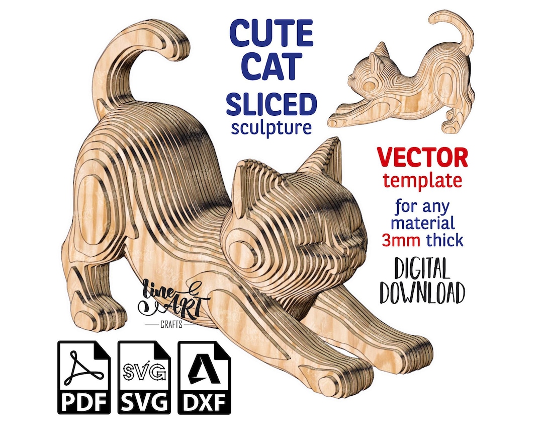 Cat Sculpture Sliced Vector Template 3mm, Kitten Parametric Statue ...