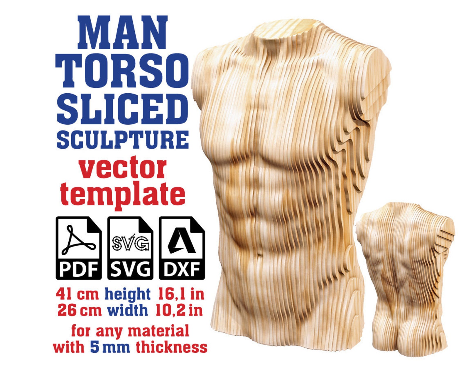 Man Torso Sculpture Sliced Vector Template 5mm, Male Torso Sculpture ...