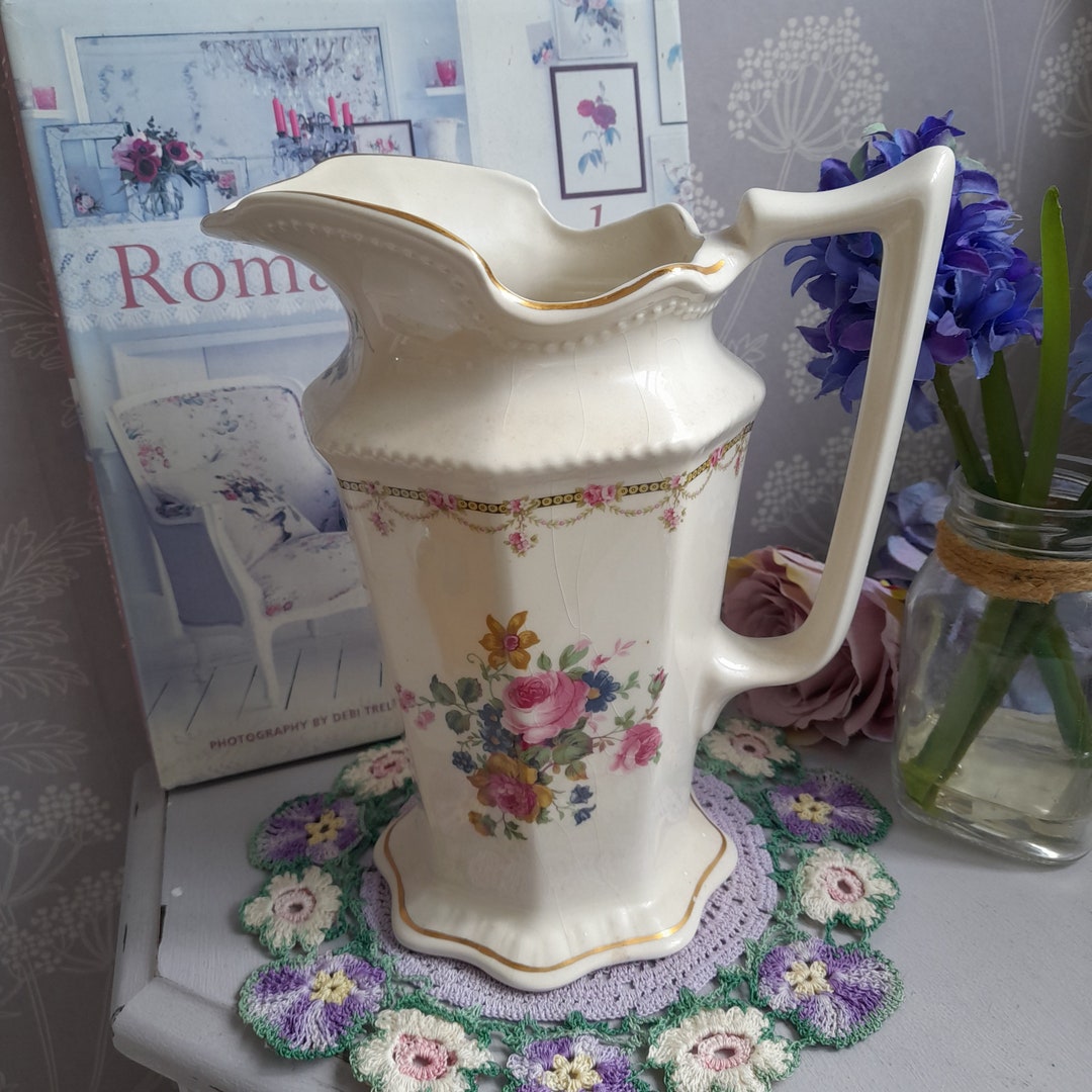 Victorian Jug With Pink Roses, Antique Floral Pitcher White With Pink ...