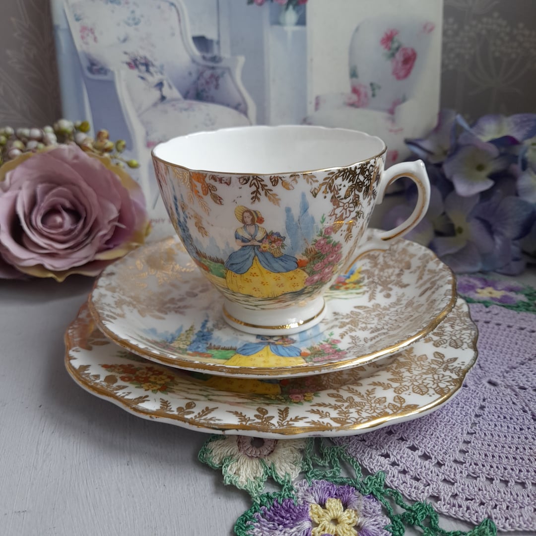 Darling Vintage Bone China Crinoline Lady Gold Chintz Trio by Colclough ...