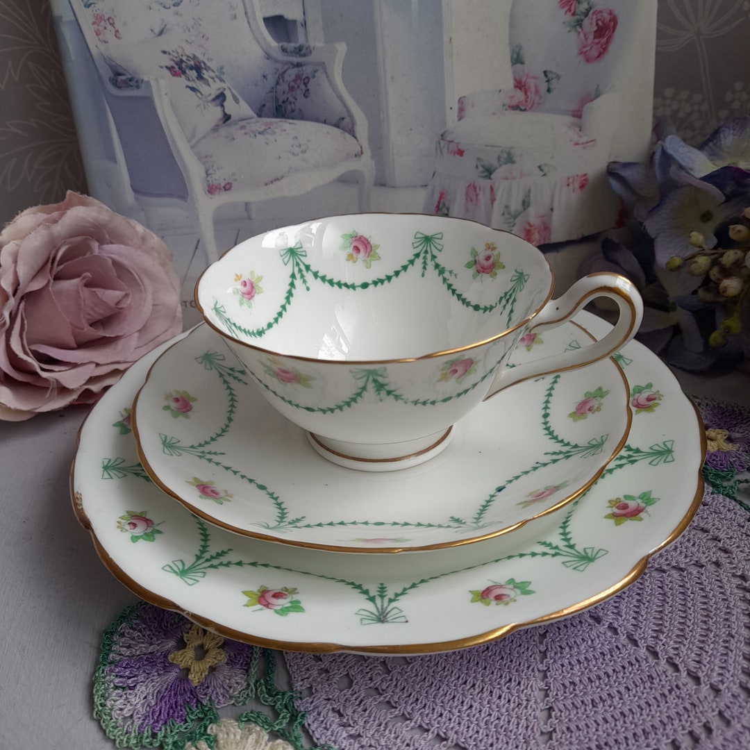 Antique Fenton Festoon Teacup Trio: Victorian Pink Roses, Green Swags ...