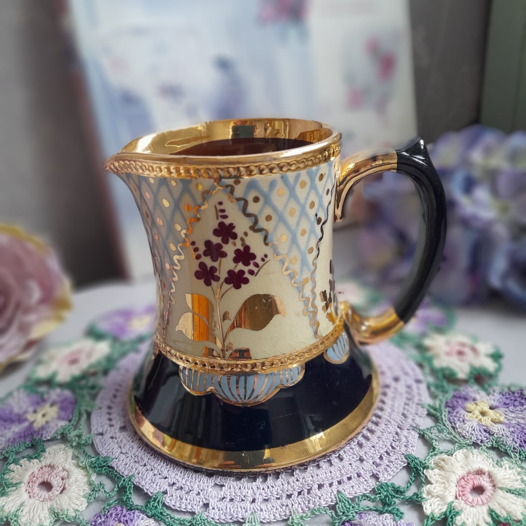 Darling Antique Victorian Glazed Pottery Decorative Jug in Gold & Black ...