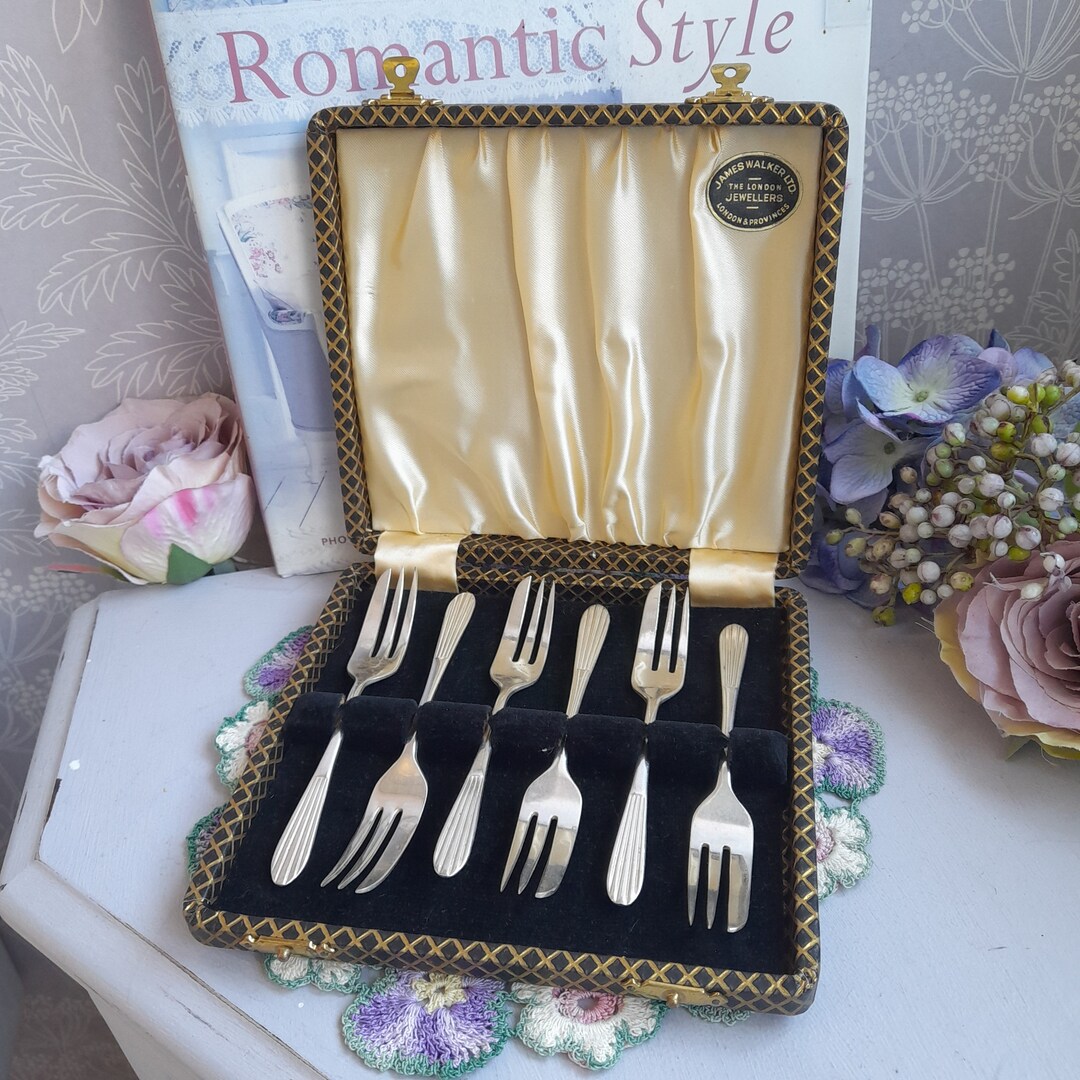Vintage Set of 6 Silver Plate Cake Forks in Original Box & Label, James ...