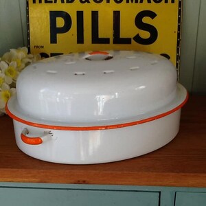 Vintage Large White Enamel Roasting Tin With Orange Trim, Enamelware ...